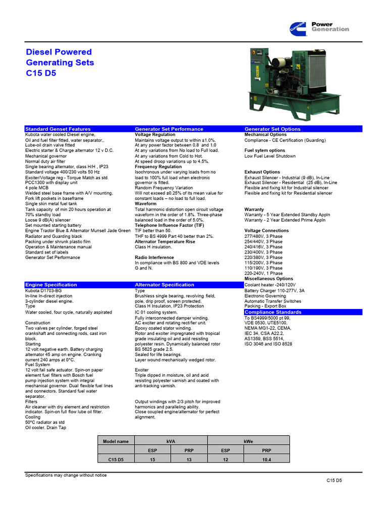 Diesel Powered Generating Sets C15 D5: Standard Genset Features ...