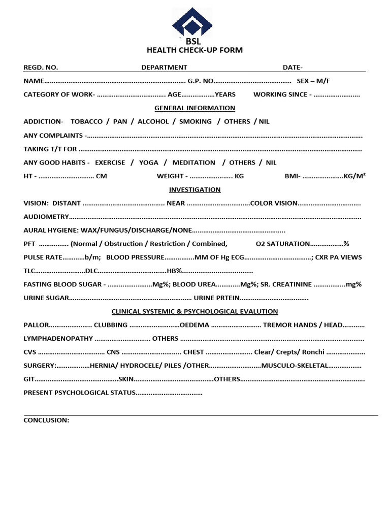 Health Check-Up For BSL Format | PDF