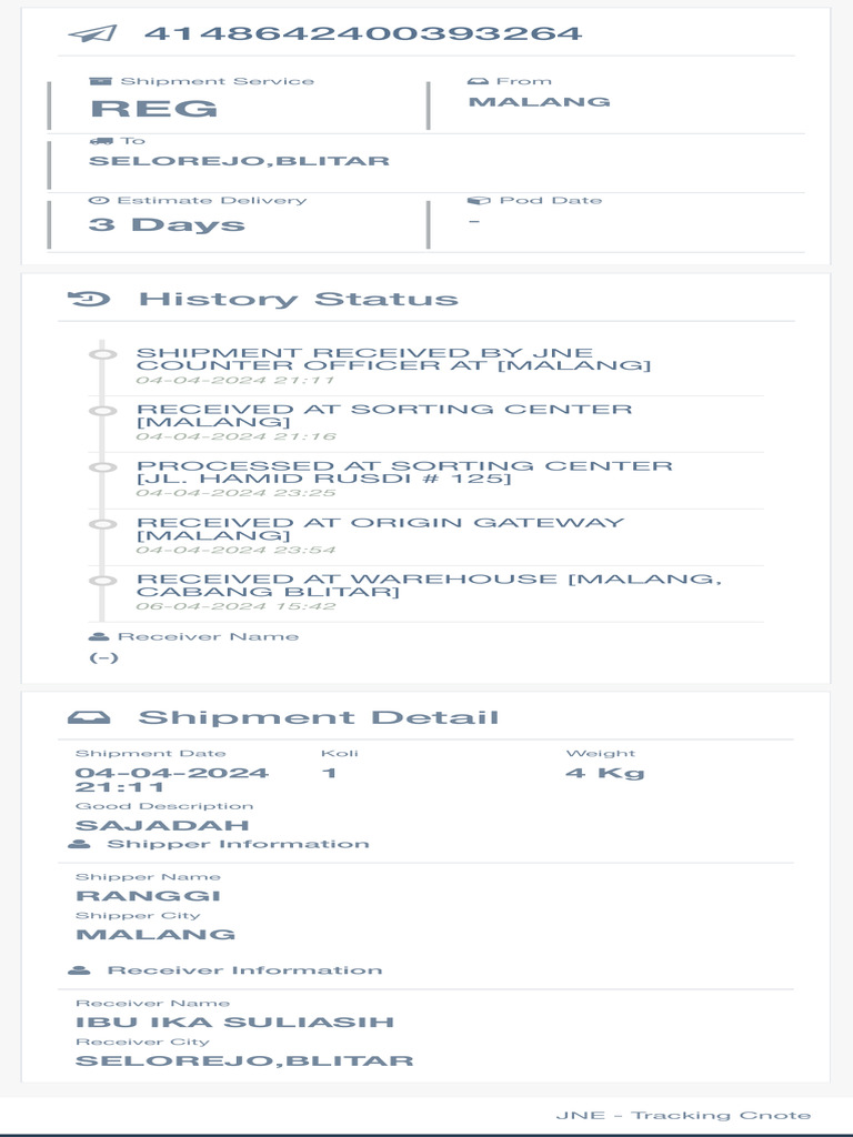 Cek Resi JNE - 4148642400393264 | PDF
