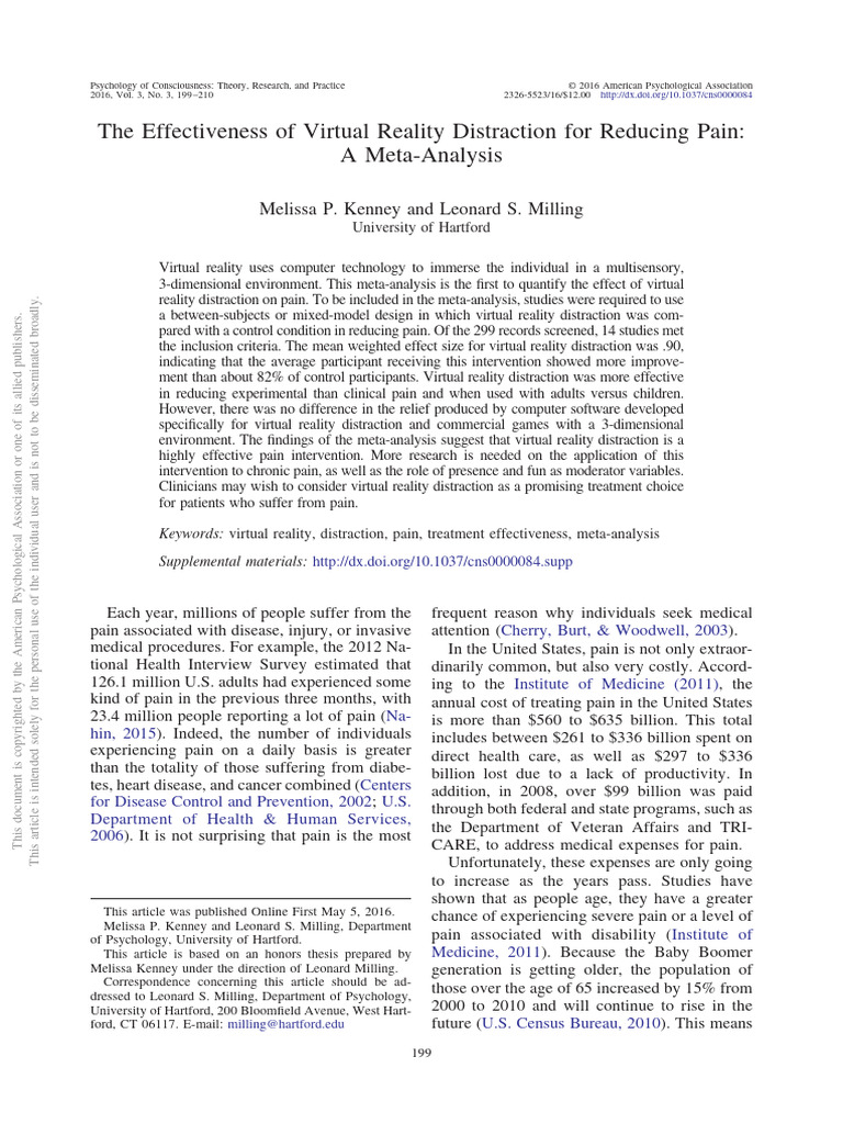 The Effectiveness of Virtual Reality Distraction For Reducing Pain ...