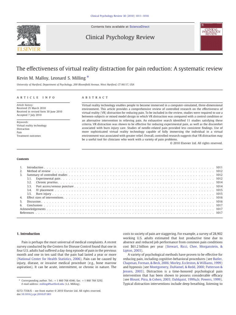 The Effectiveness of Virtual Reality Distraction For Pain Reduction ...