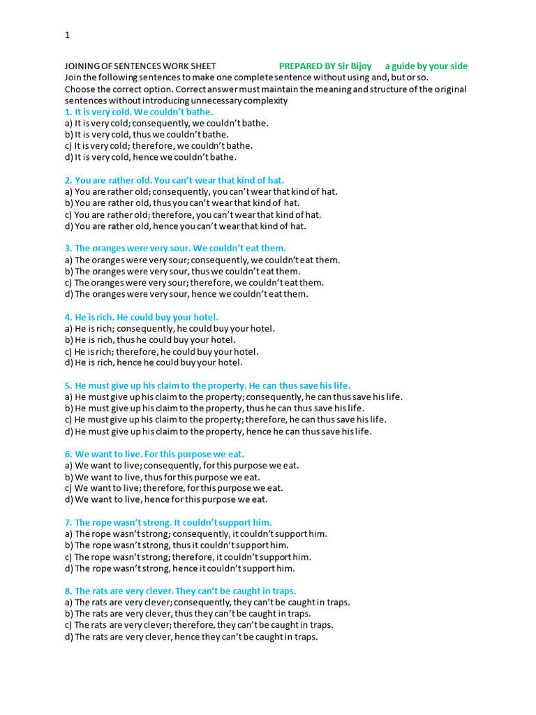 JJOINING OF SENTENCES WORK SHEET PREPARED BY Sir Bijoy A Guide by Your ...