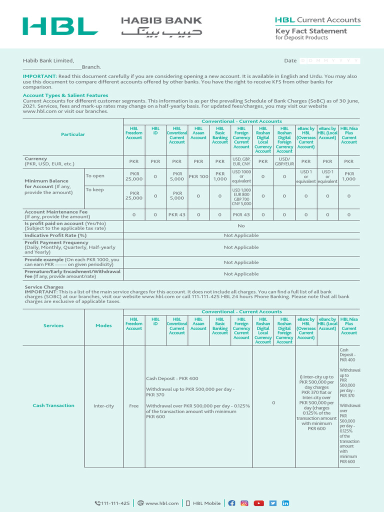 KFS HBL Conventional Current Account | PDF | Transaction Account | Debit Card