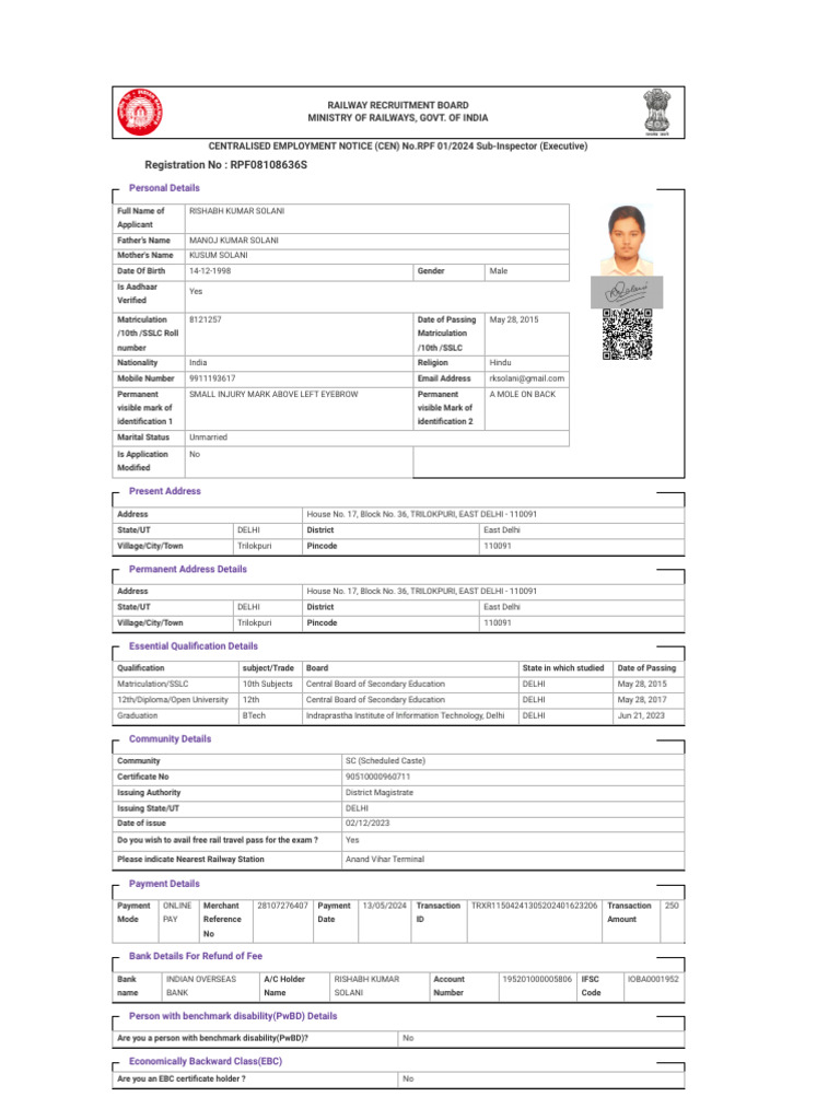 RPF Sub-Inspector Application Details | PDF | Apprenticeship