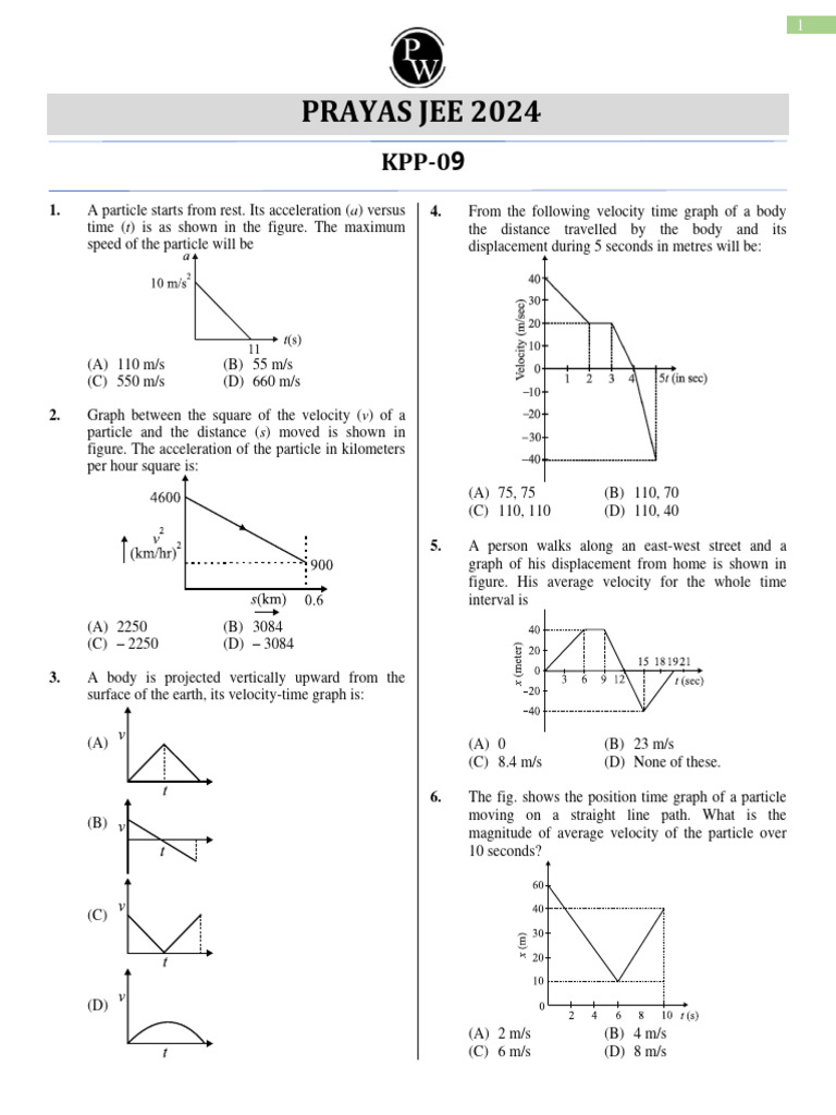 KPP 09 _ Prayas JEE 2024 | PDF | Velocity | Acceleration