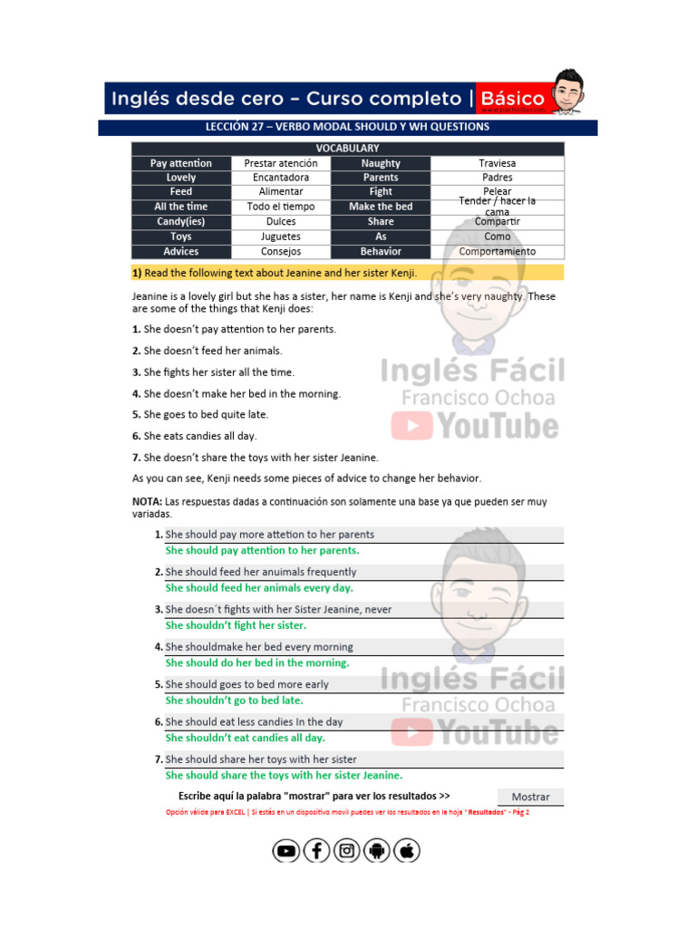 Lección 27 - Verbo Modal Should y WH Questions | PDF