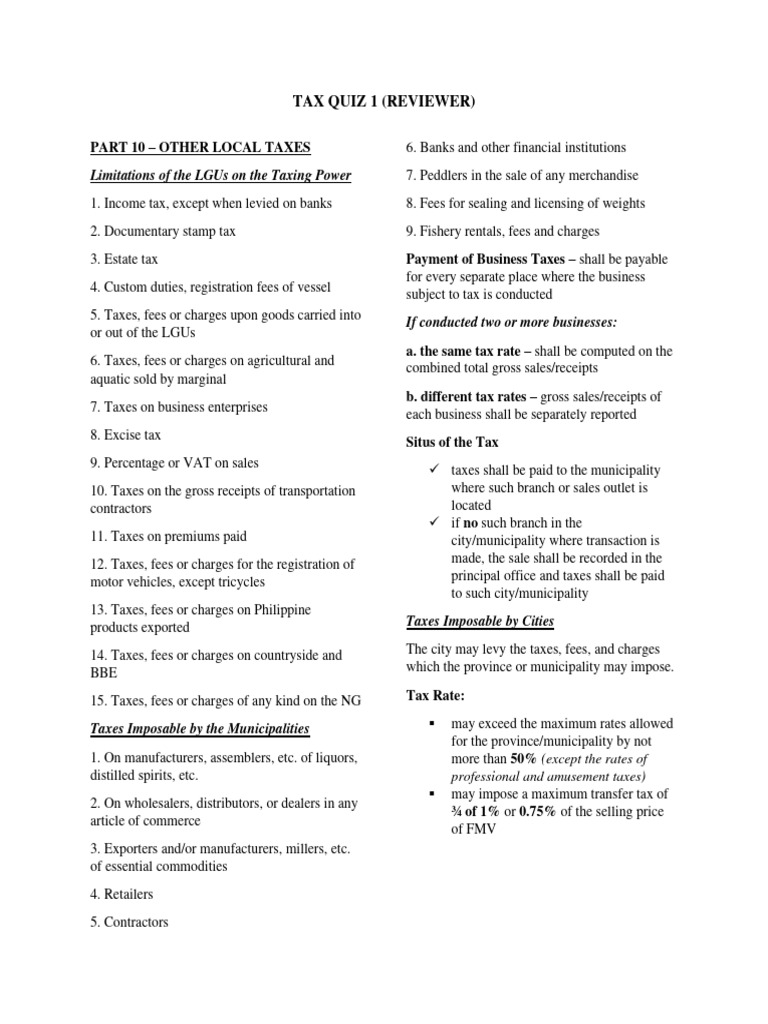 Tax Quiz 1 Reviewer | PDF | Taxes | Property Tax