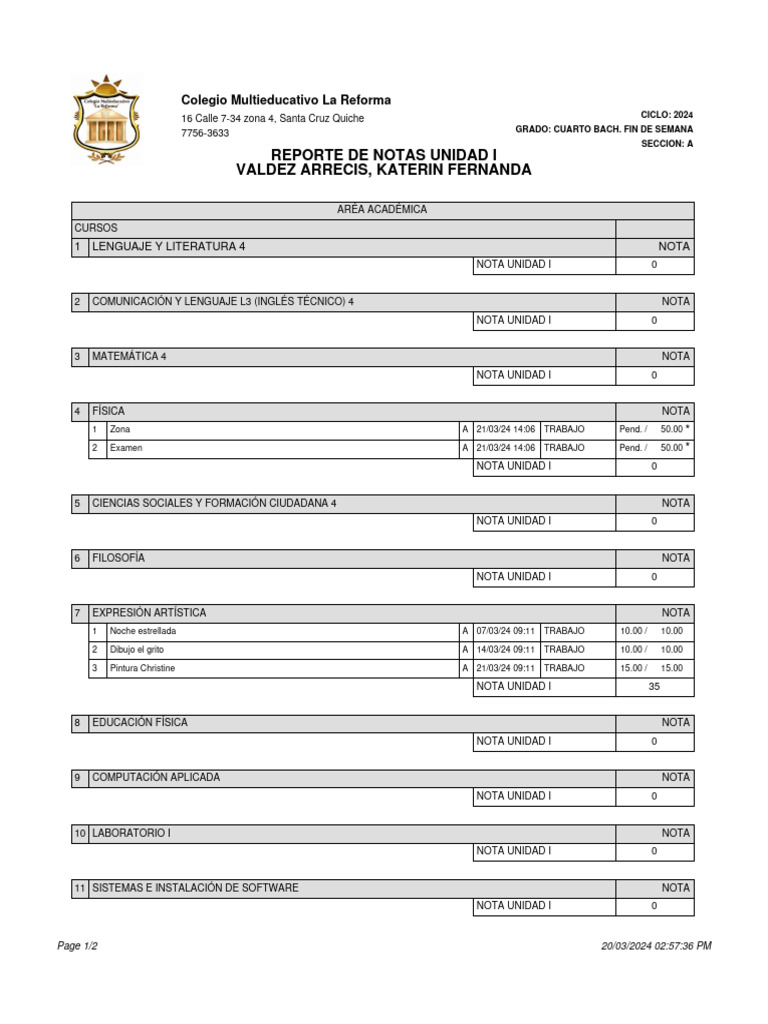 Reporte de Notas Unidad I 2024 | PDF