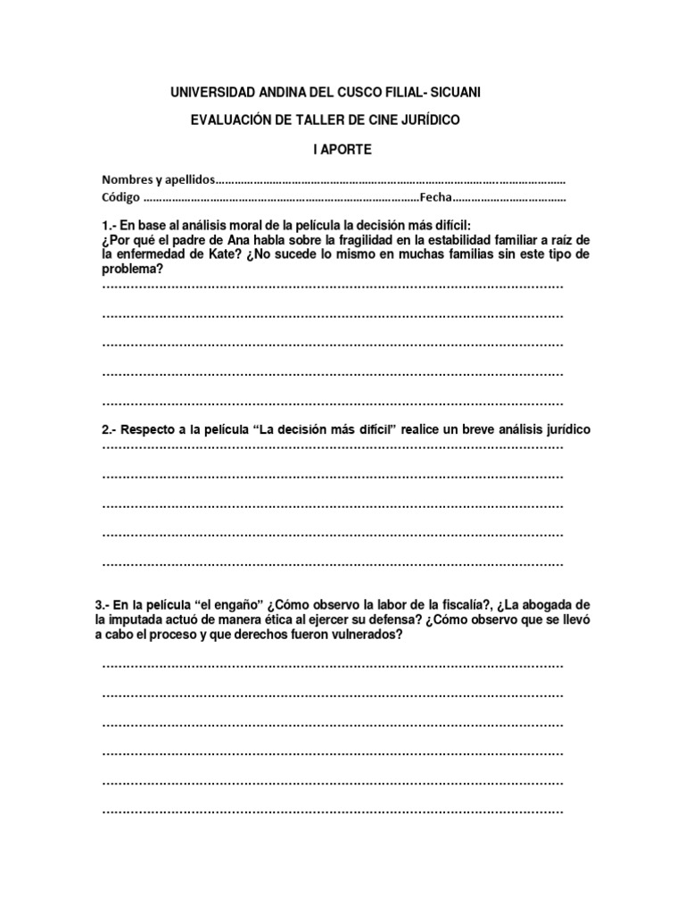 Evaluación Cuestionario Cine Juridico - I Aporte - 2024-I | PDF