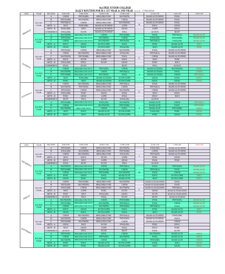 Matrix Junior College Daily Schedule | PDF | Science & Mathematics