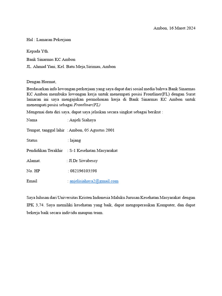 Surat Lamaran Frontliner Bank Sinarmas | PDF