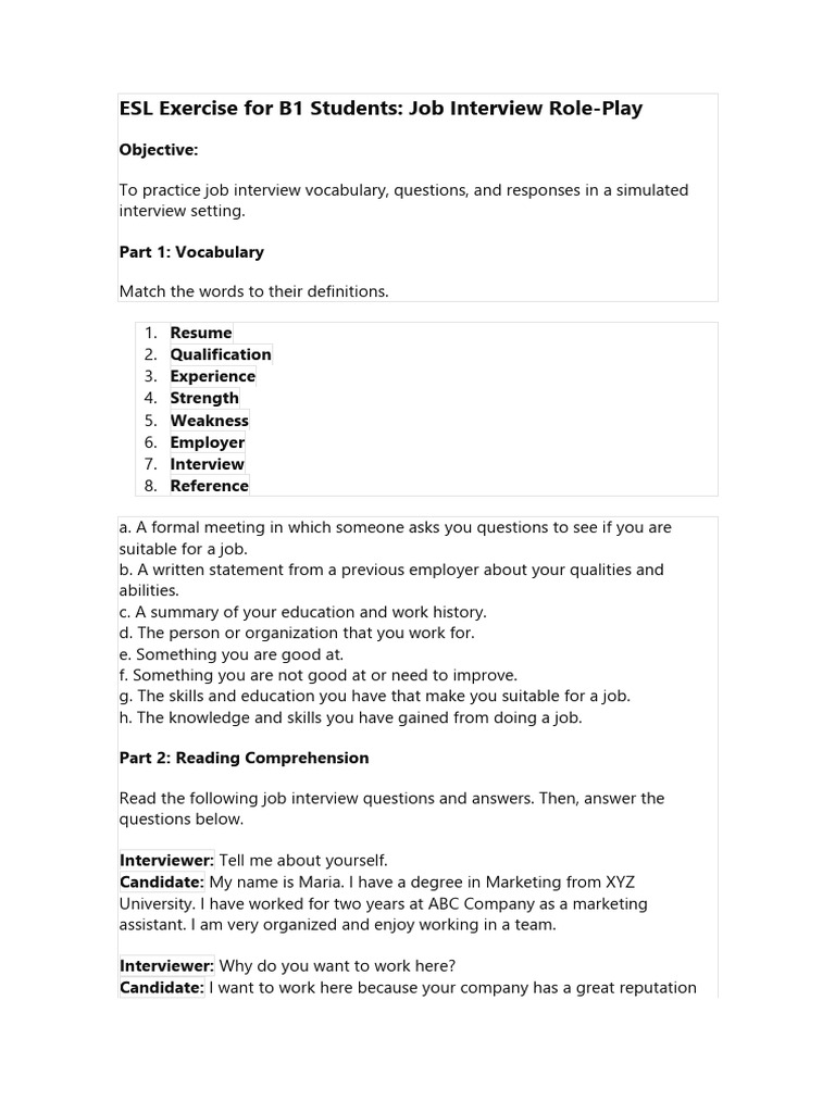ESL Job Interview Practice | PDF | Job Interview | Reading Comprehension