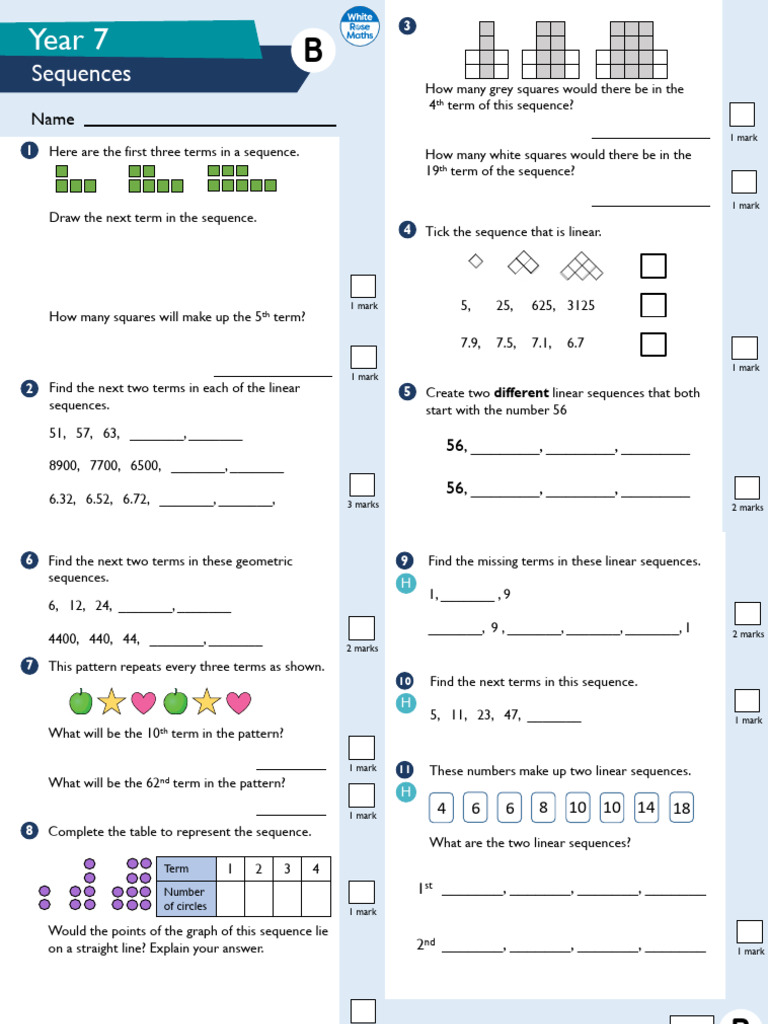 WRM Year7 Autumn b1 Sequences Assessment B | PDF | Discrete Mathematics ...