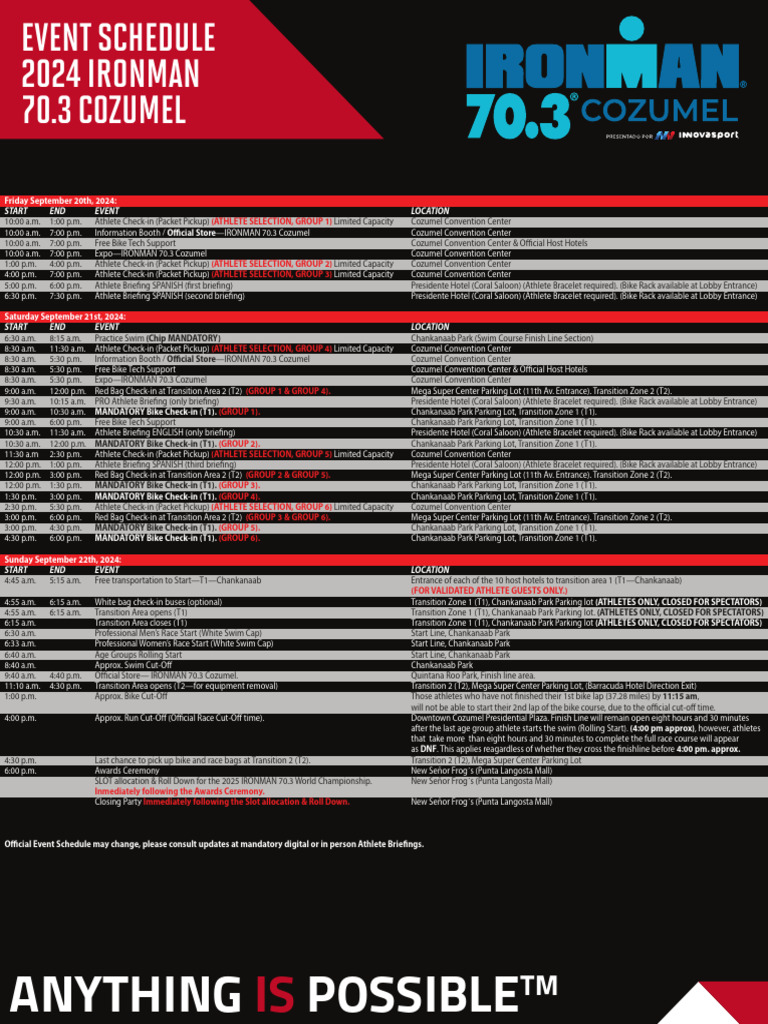 Ironman 70.3 Cozumel 2024 Schedule | PDF | Ironman Triathlon | Auto Races