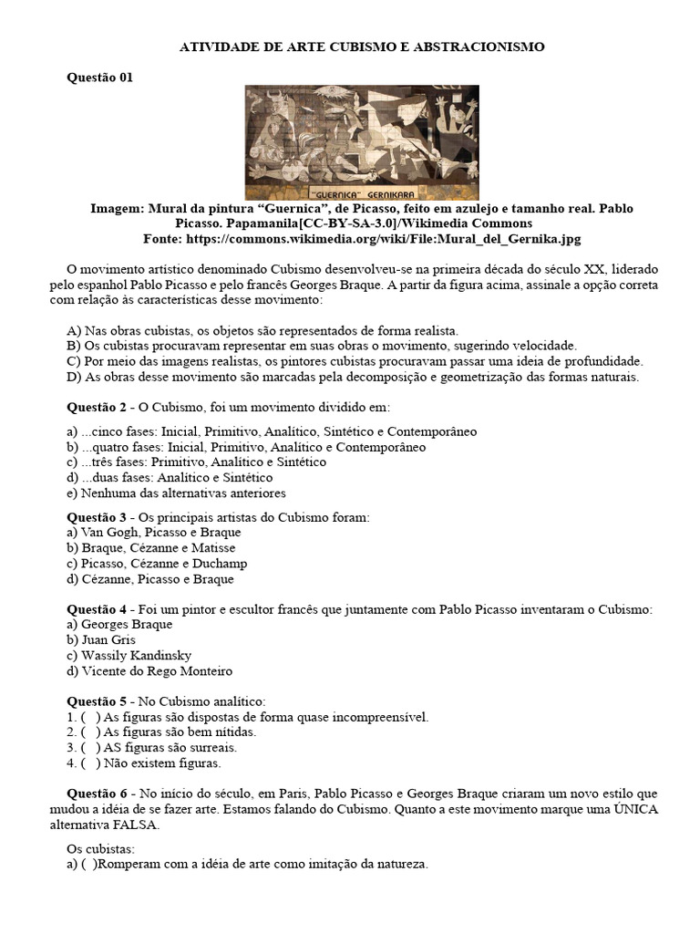 Atividade De Arte Cubismo E Abstracionismo Pdf Arte Abstrata