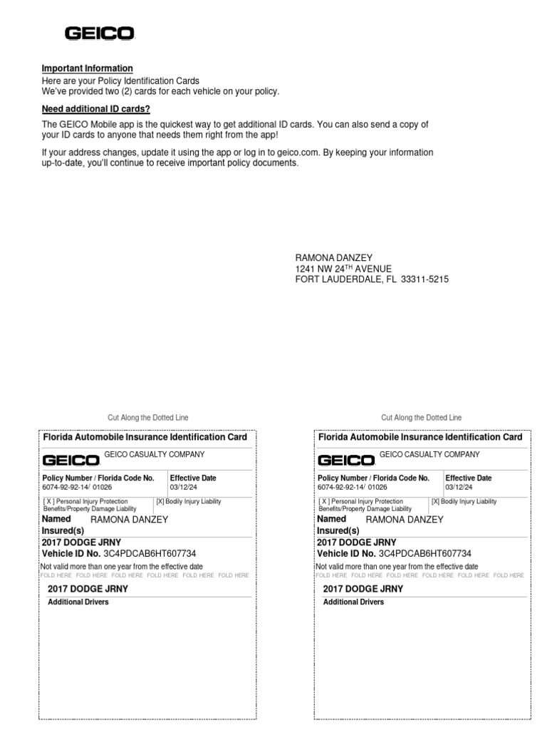 Florida Auto Insurance Card - GEICO | PDF | Identity Document | Vehicle Insurance