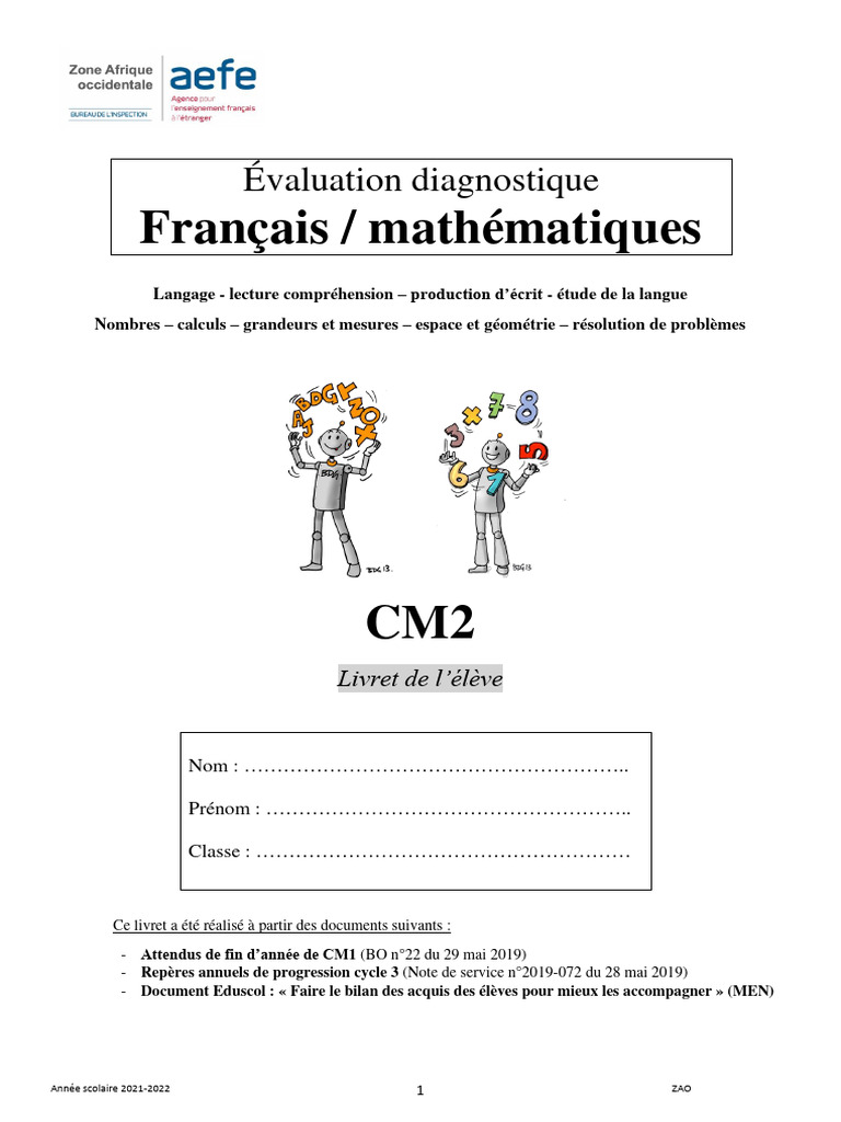 Évaluation CM2 : Français et Maths 2022 | PDF | Méthodes et références ...