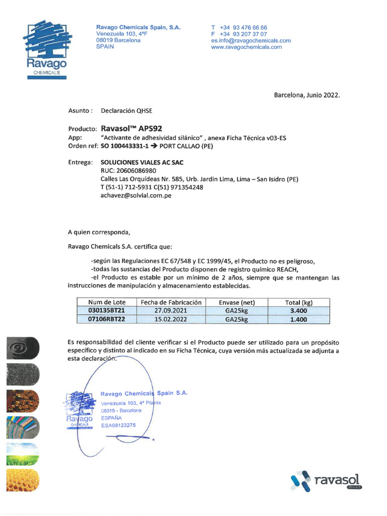 Certificado Ravasol APS92 (SISOL To PERU) Ref SO 100443331-1 | PDF