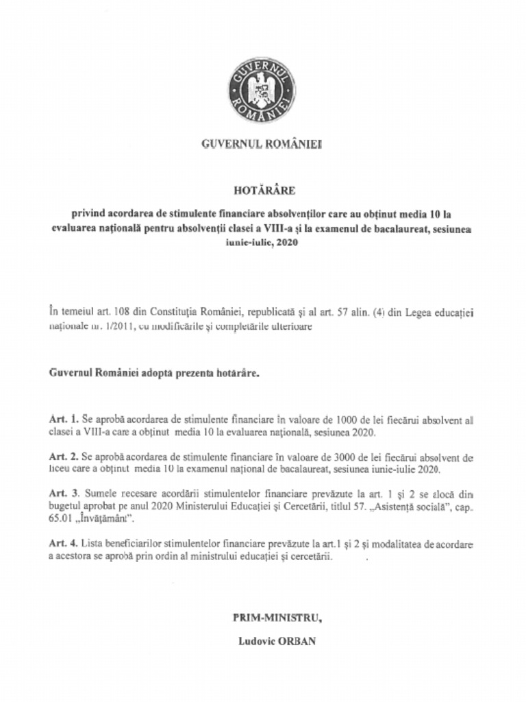 Proiect HG Stimulente Elevi Media 10 Examene Nationale | PDF