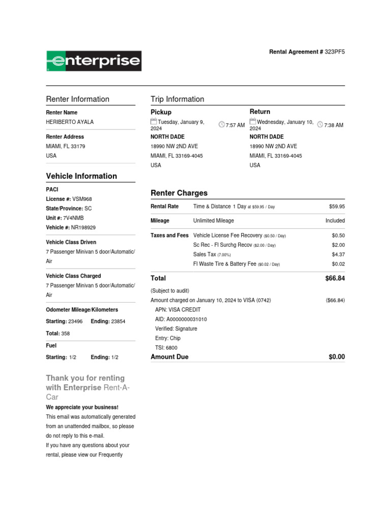 Enterprise Rental Agreement 323PF5 | PDF | Renting | Fuel Economy In ...