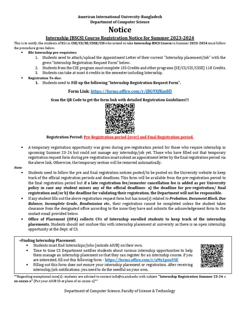 AIUB Summer 2023-24 Internship Registration | PDF | Internship | Job ...