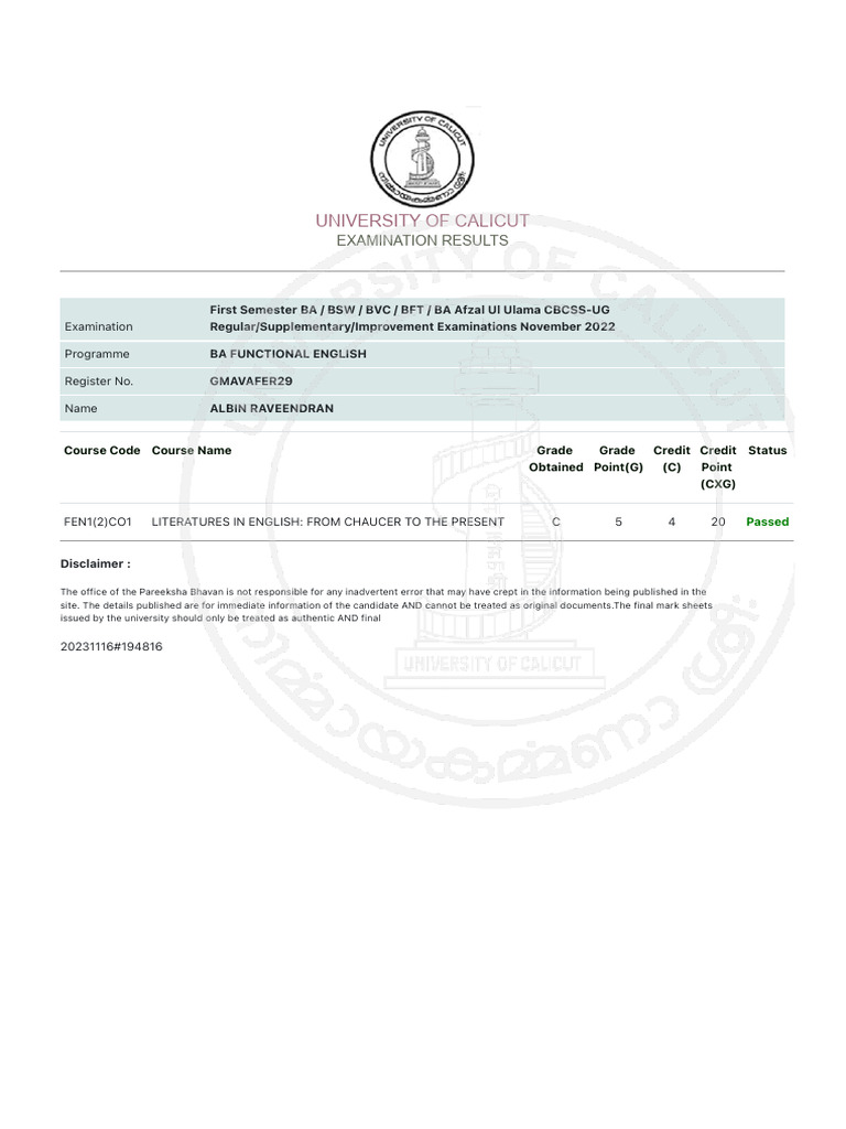 Calicut University BA Exam Results 2022 | PDF