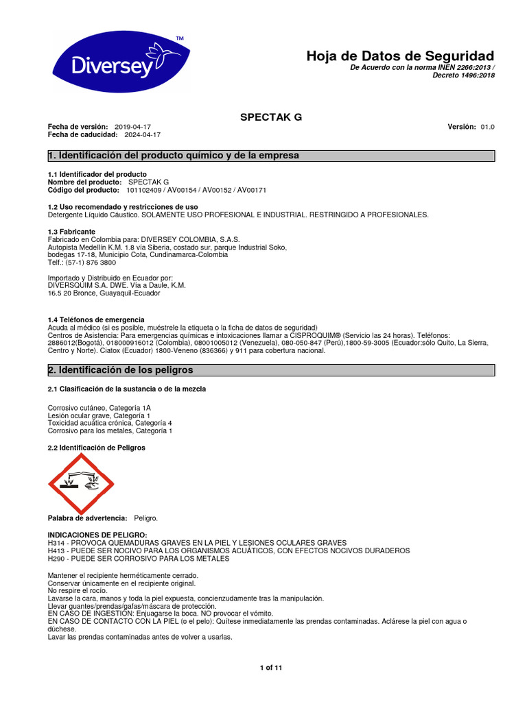 FDS SPECTAK G Actualizada | PDF | Agua | Corrosión
