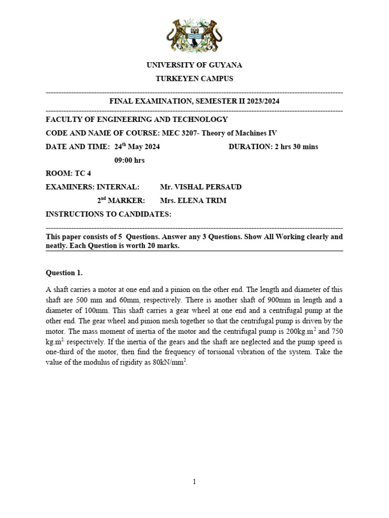 MEC 3207 Final Examination 2024 | PDF | Gear | Pump