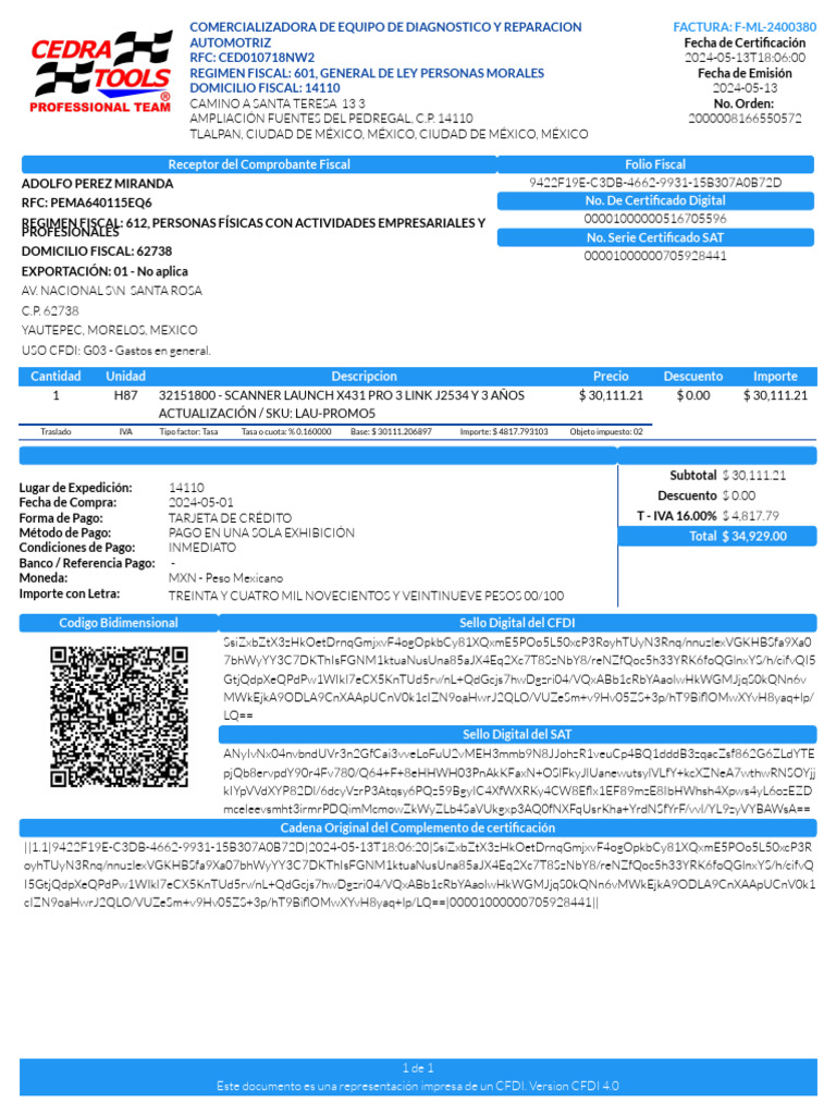 1 de 1 Este Documento Es Una Representación Impresa de Un CFDI. Version CFDI 4.0 | PDF | Pagos ...
