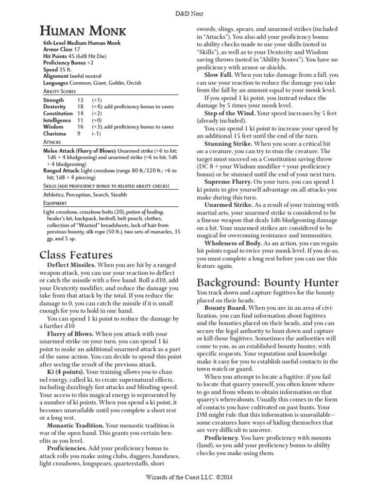 Dnd Next Human Monk 6 | PDF