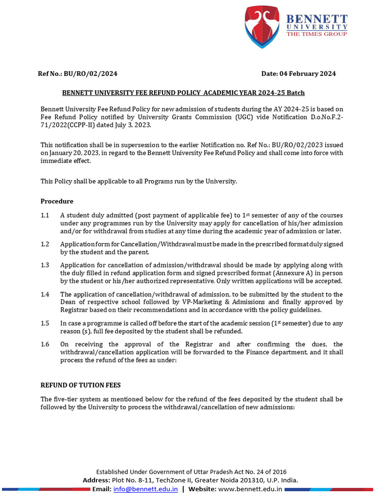 Refund Policy For Freshmen Bennett University - AY 2024 25 - Compressed ...