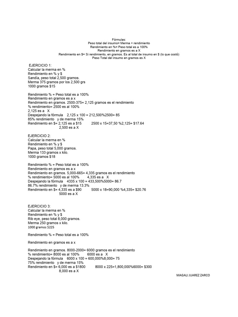 Fórmulas MERMA Y RENDIMIENTO | PDF