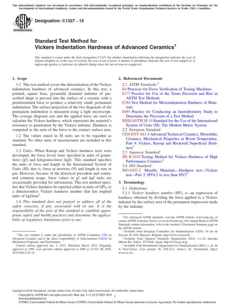 C1327.31943 Standard Test Method For Vickers Indentation Hardness of ...