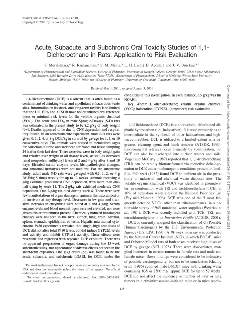 Acute, Subacute, and Subchronic Oral Toxicity Studies of 1,1-Dichloroethane in Rats: Application ...