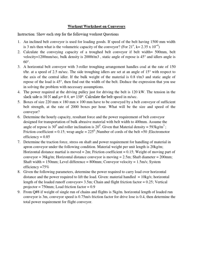 Workout Worksheet On Conveyors | PDF | Belt (Mechanical) | Mechanical Engineering