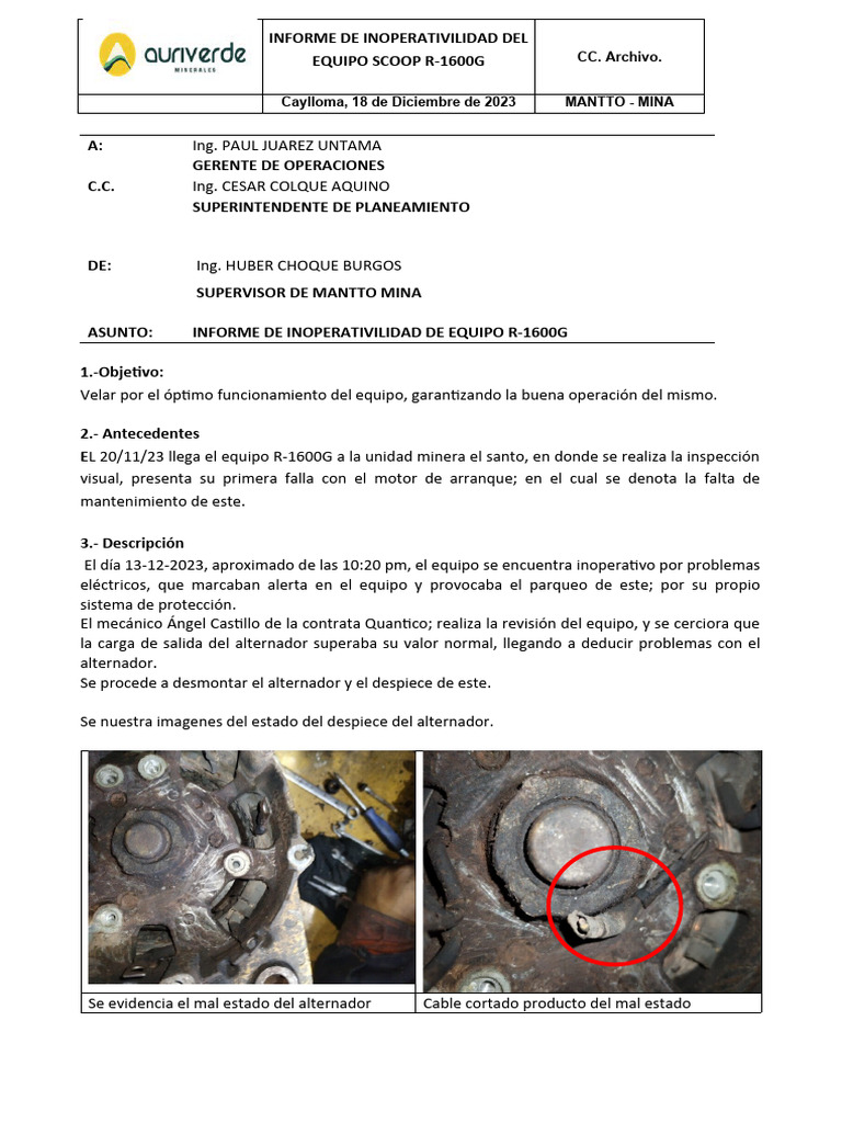 Informe - Equipo Scoop R-1600g (SC - 42) - Inoperatividad | PDF