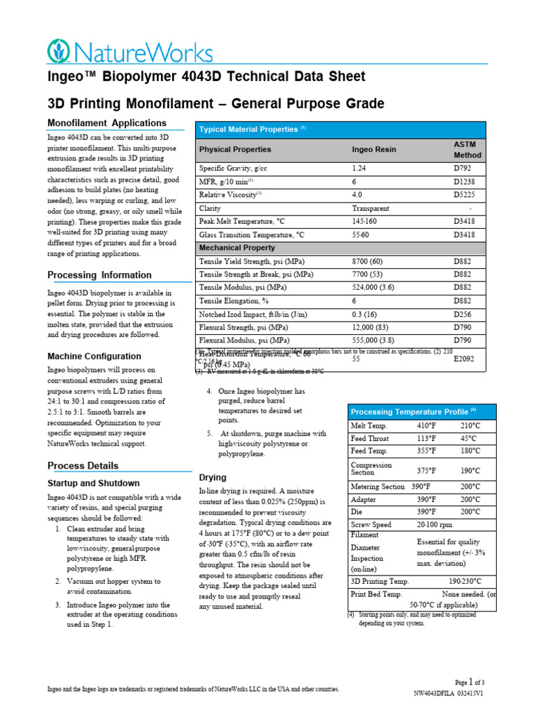 Ingeo Biopolymer 4043D Technical Data Sheet | PDF | Plastic | Extrusion