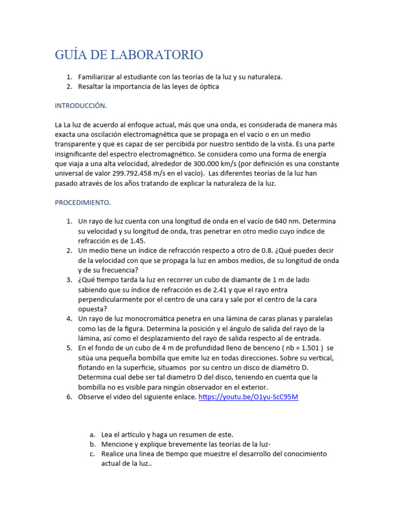 GUÃ A DE LABORATORIOÃ Ptica | PDF | Ligero | Refracción
