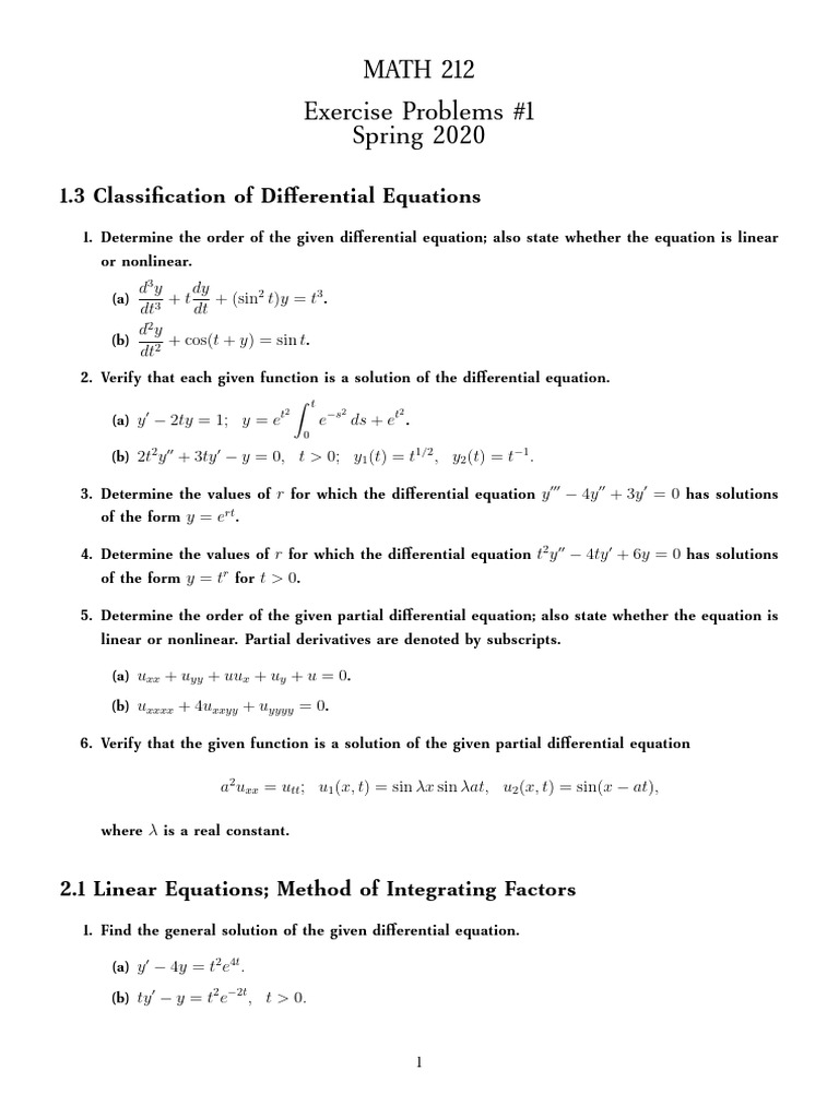 Exercise Problems-01-Math212 | PDF | Mathematical Analysis | Differential Equations