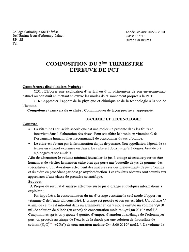 1ère D Compo 3 Trim 3 | PDF | Pression | Réaction d'oxydoréduction