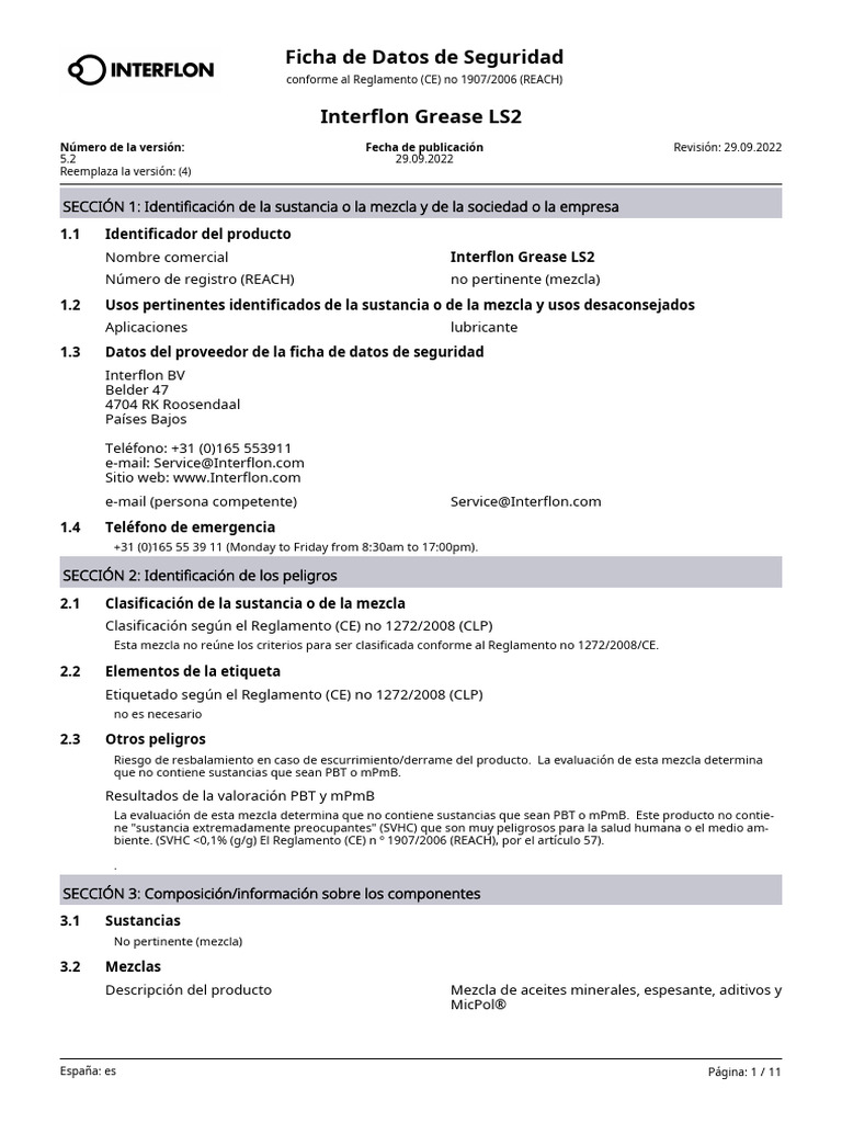 8268 SDS ES Es Interflon Grease LS2 | PDF | Seguridad y salud ...