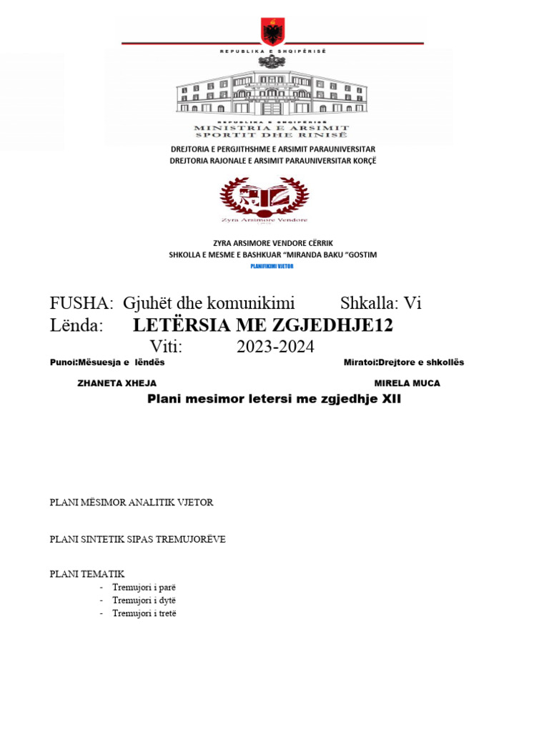 Plani Mesimor Letersi Me Zgjedhje XII | PDF