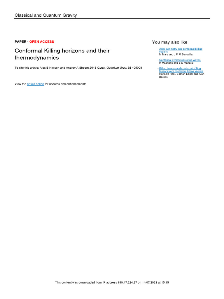 Conformal Killing Horizons and Their Thermodynamics (2018) | PDF ...