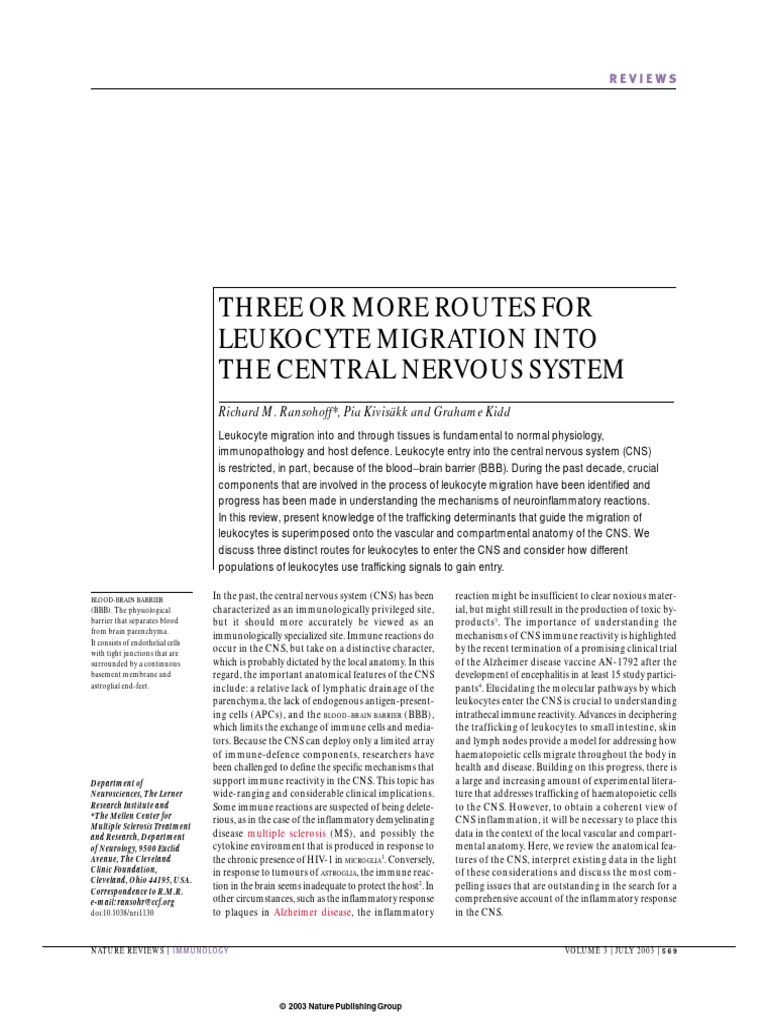 Ransohoff 2003 | PDF | Cerebrospinal Fluid | Chemokine