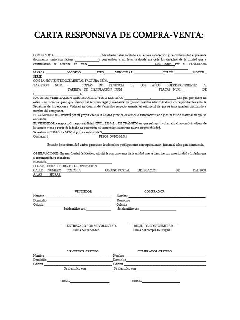 Carta Responsiva de Compra-Venta de Vehículo | PDF | Negocios | Derecho