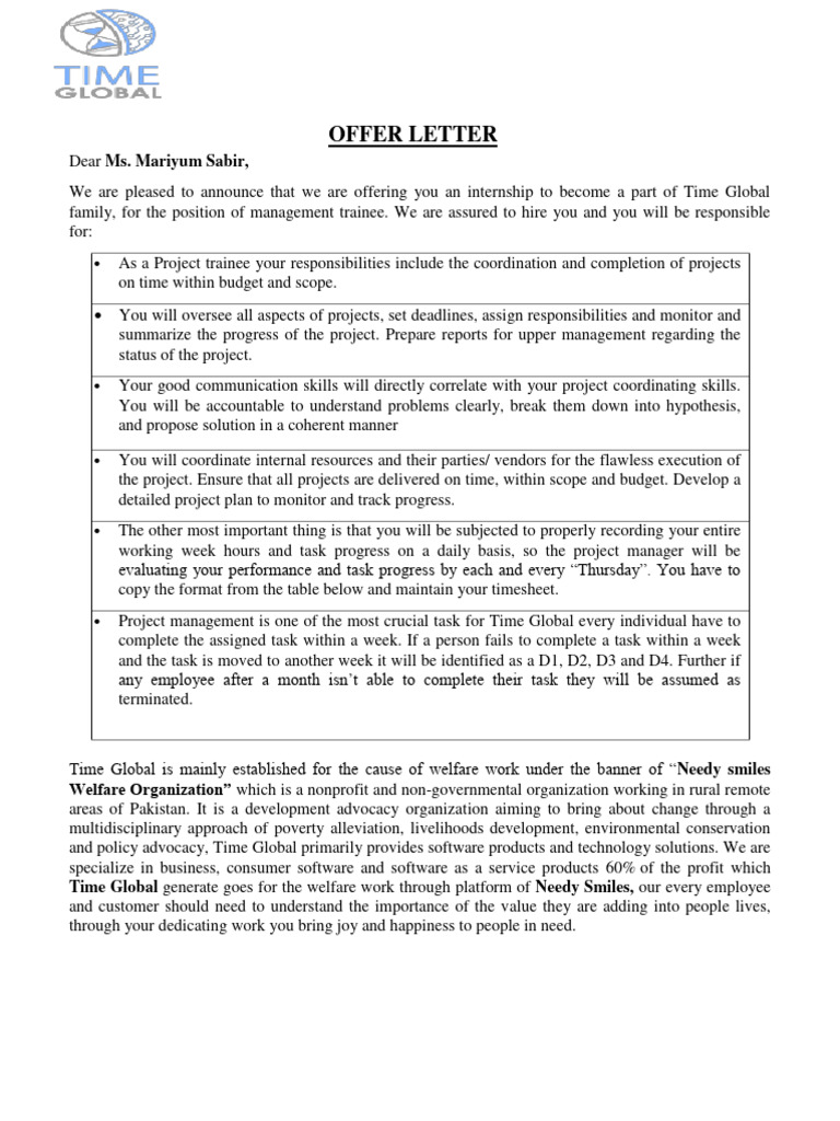 OFFER LETTER Ma'am Mariyum Sabir | PDF | Employment | Poverty