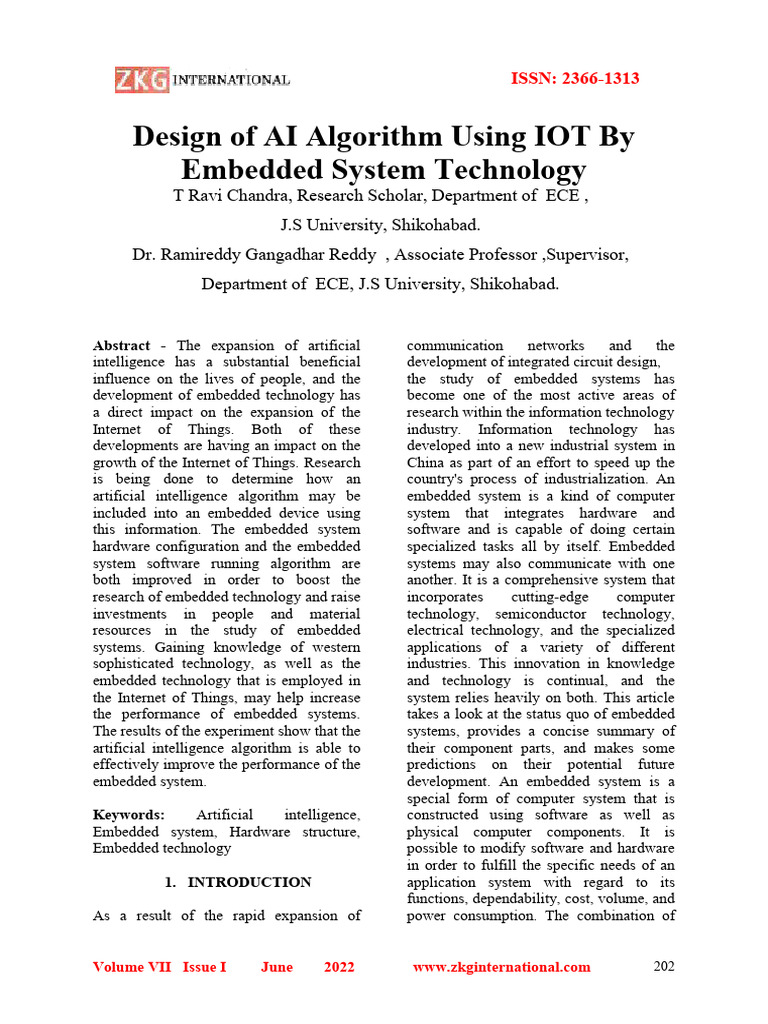 Design Of Ai Algorithm Using Iot By Embedded System Technology Pdf Embedded System Software