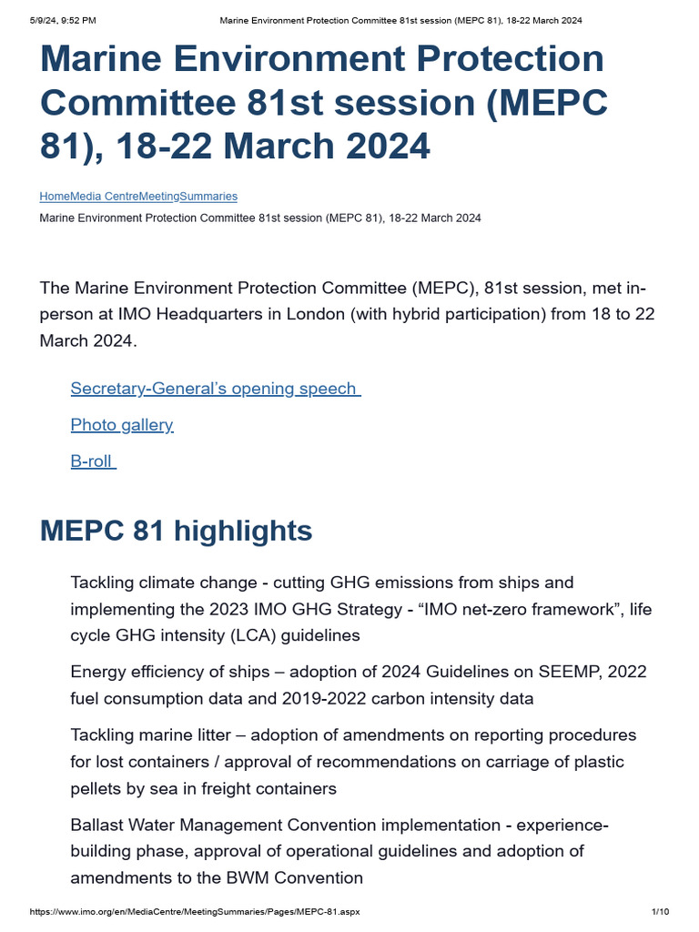 Marine Environment Protection Committee 81st Session (MEPC 81), 18-22 ...