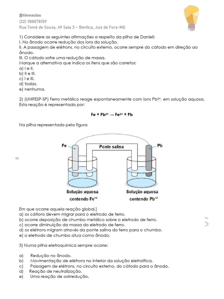 Questões de Eletroquímica e Pilhas de Daniell | PDF | Eletroquímica | Eletrodo