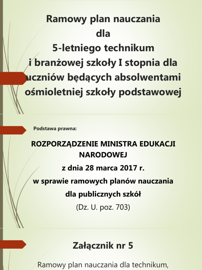 5 Letnie Technikum Ramowy Plan Nauczania | PDF
